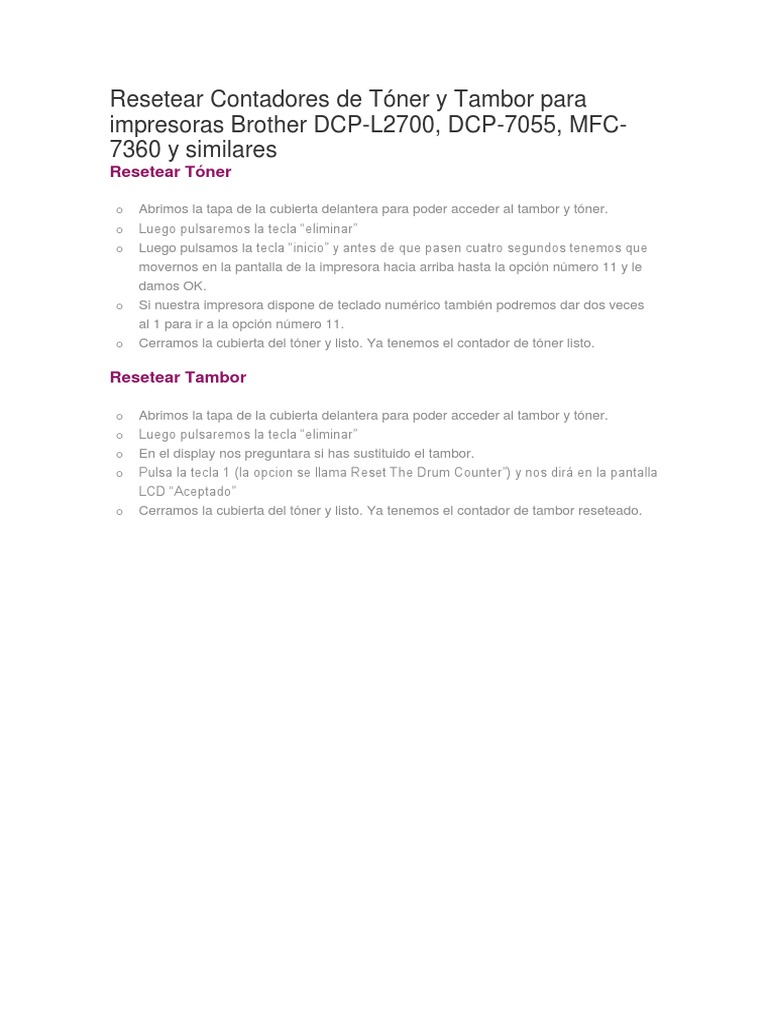 Resetear Contadores de Tóner y Tambor para Impresoras Brother DCP | PDF | Hogar y jardín