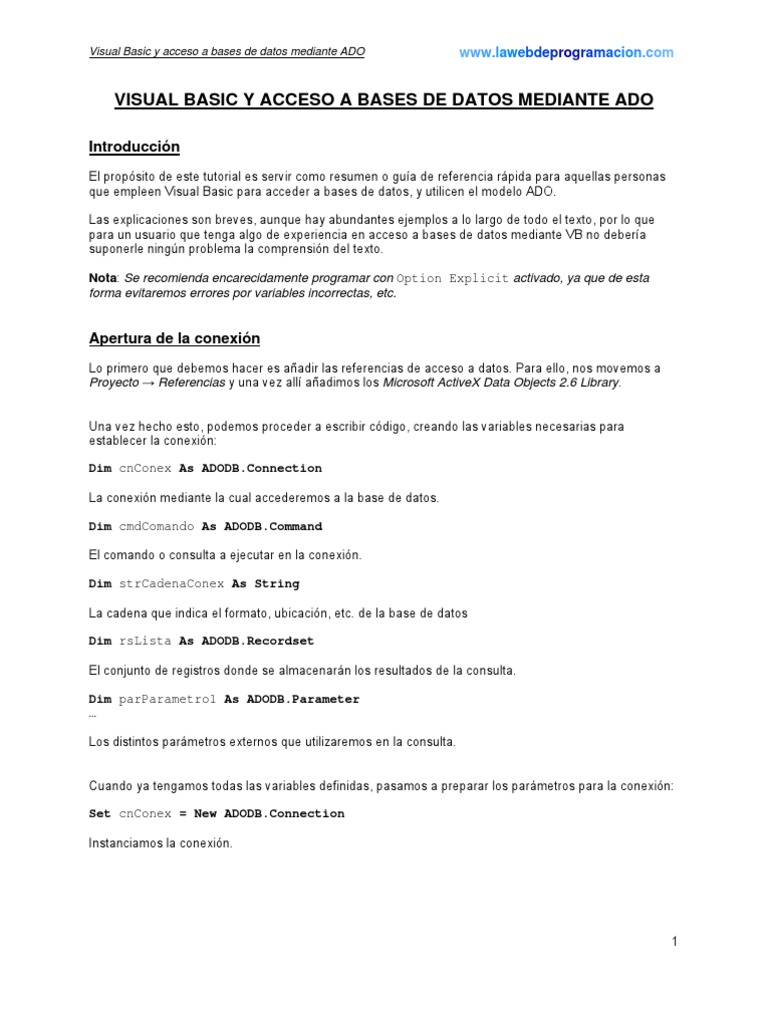 ADO en Visual Basic: Guía Rápida | PDF | Active X Data Objects | SQL