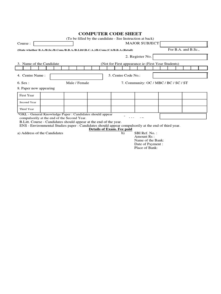 Computer Code Sheet: Major Subject | PDF