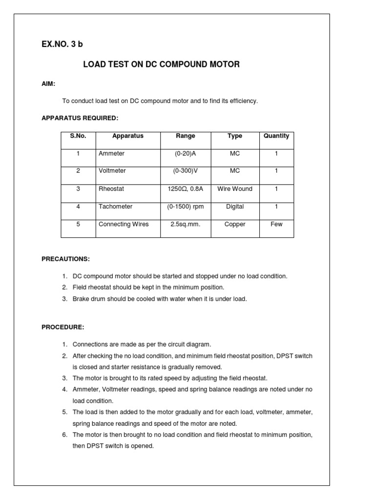 EX - NO. 3 B Load Test On DC Compound Motor | Download Free PDF ...