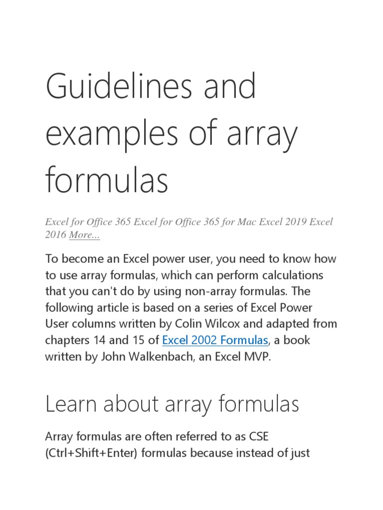 Guidelines and Examples of Array Formulas | PDF | Microsoft Excel | Array Data Structure