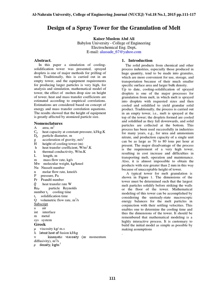 JOURNAL - 2015 - Design of A Spray Tower For The Granulation of Melt ...