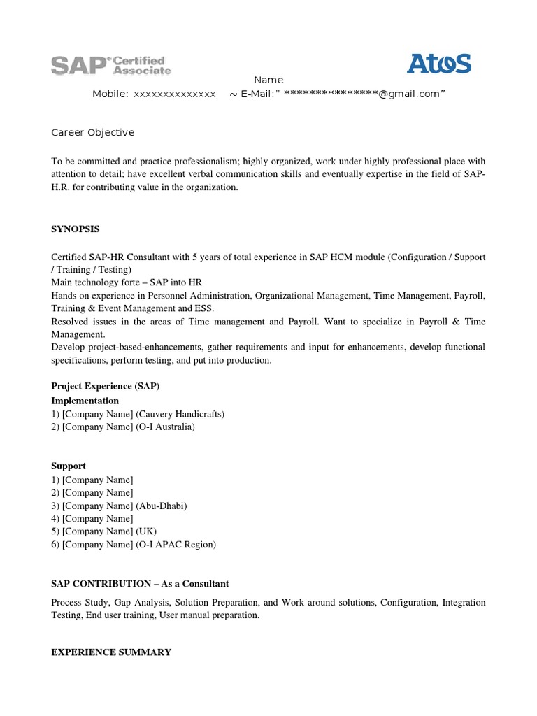 SAP HR Functional Sample Resume 1 | PDF | Human Resource Management ...
