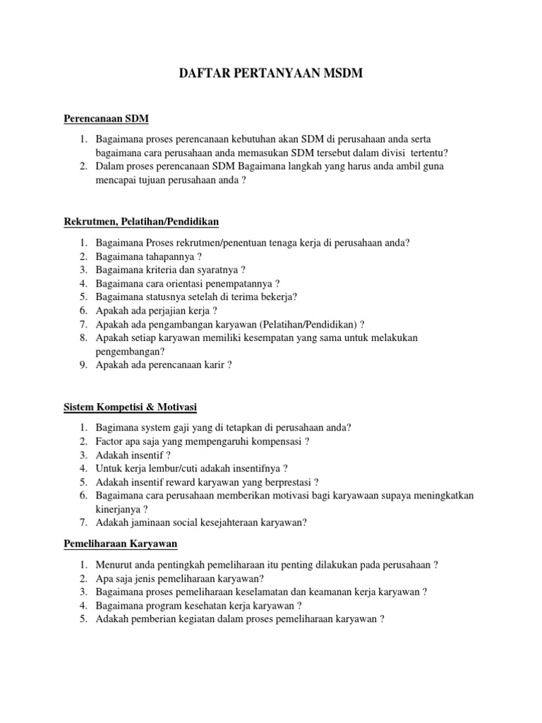 Daftar Pertanyaan MSDM | PDF | Karier & Perkembangan | Bisnis