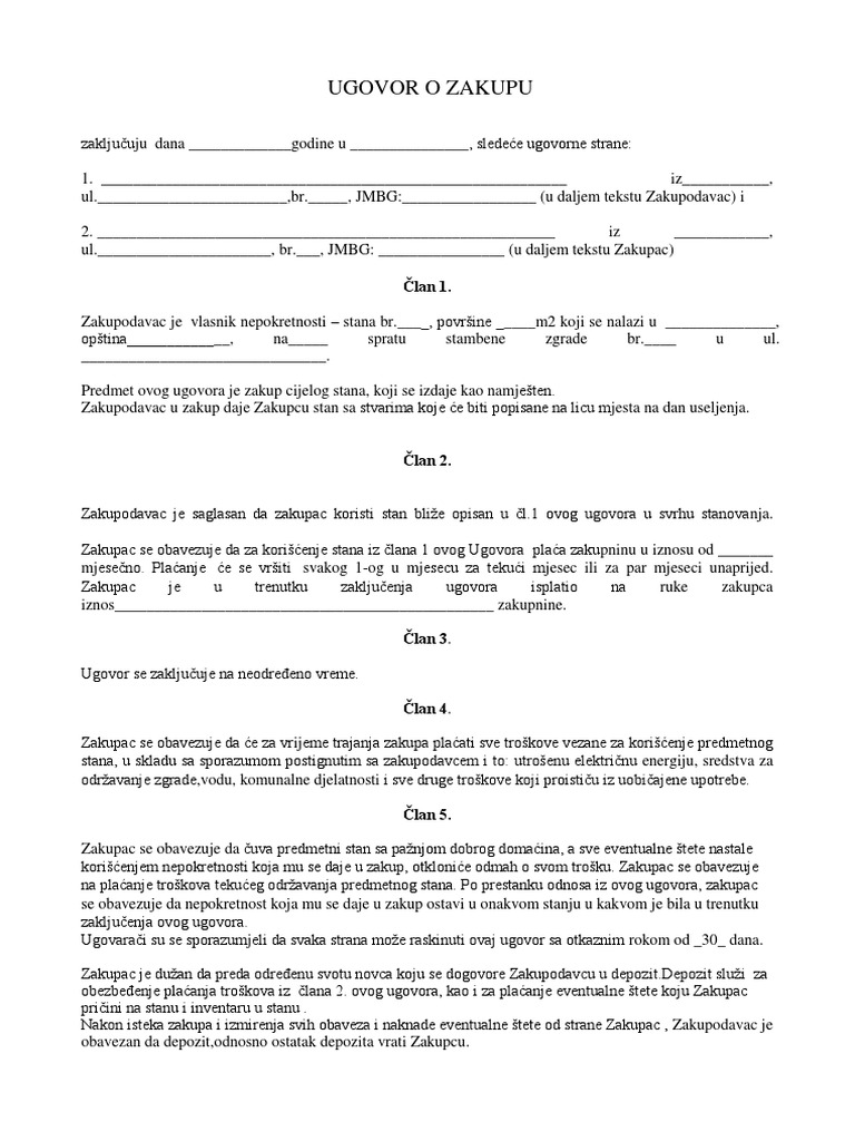 Ugovor o Zakupu Stana | PDF