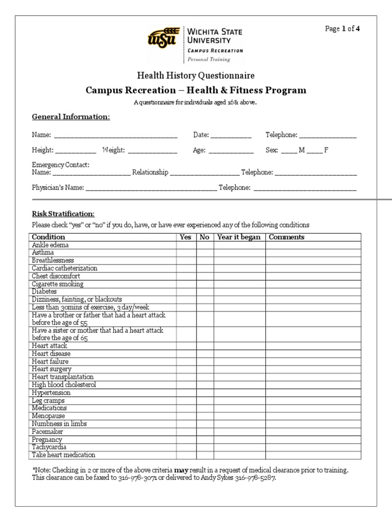 Health History Questionnaire for Fitness | PDF | Personal Trainer ...