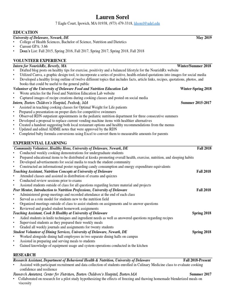 Current Resume 2018 | PDF | Homework | Dietitian