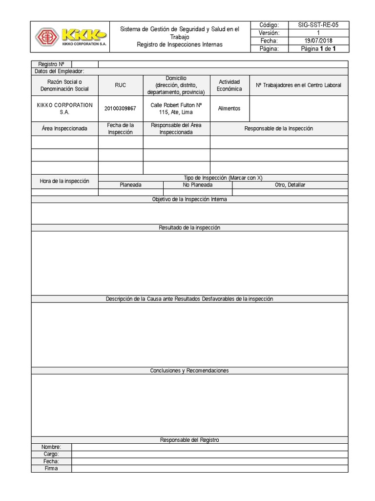 Formato de Registro de Inspección Interna de Seguridad y Salud en El ...