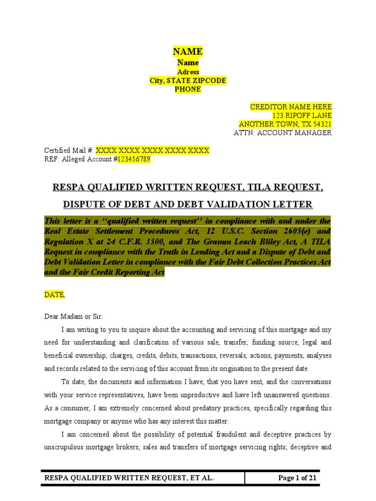 Respa Qualified Written Request | PDF | Truth In Lending Act | Mortgage Loan