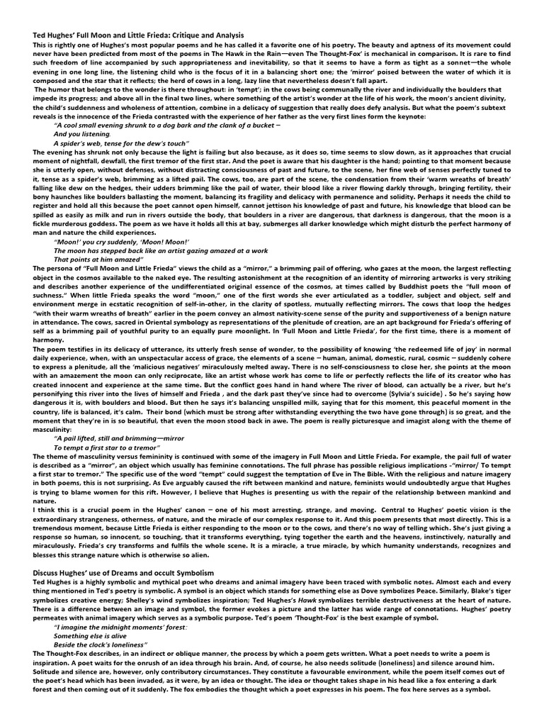 Ted Hughes' Full Moon and Little Frieda: Critique and Analysis | PDF ...