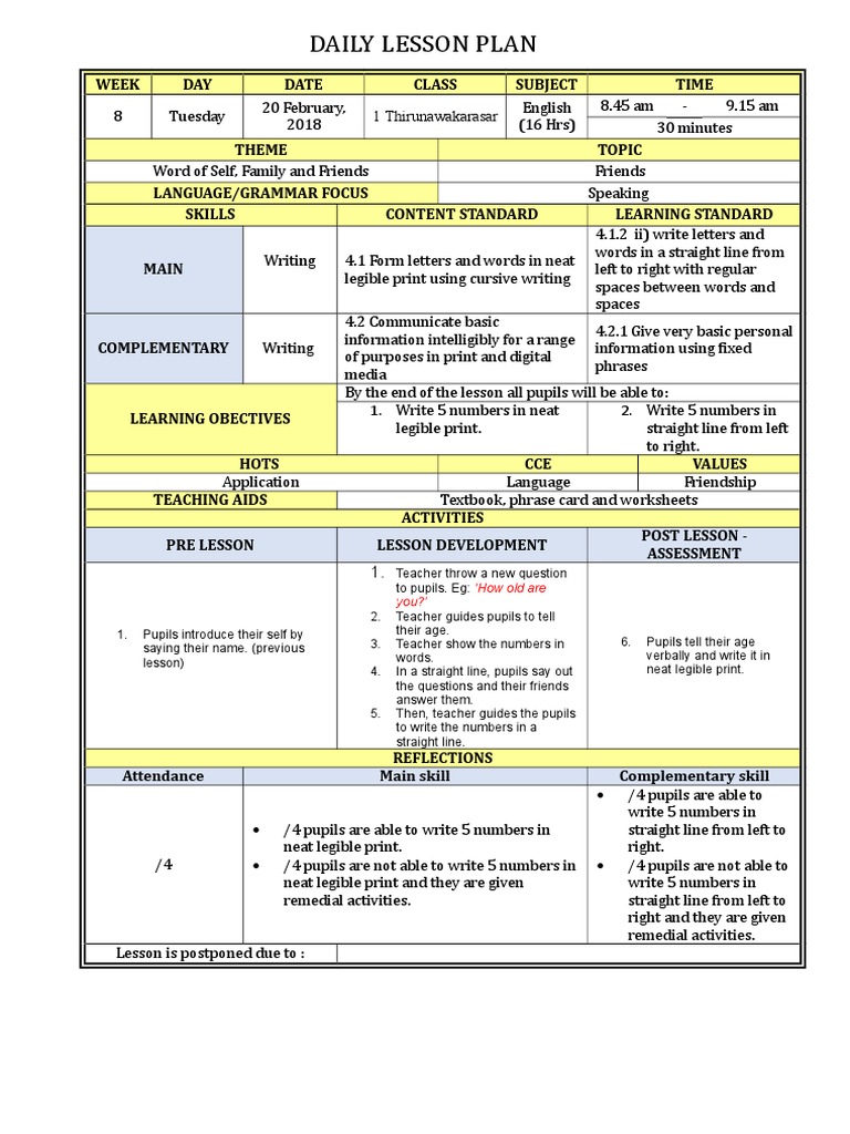 20.02.2018 Tuesday BI Year 1 | PDF | Lesson Plan | Teachers