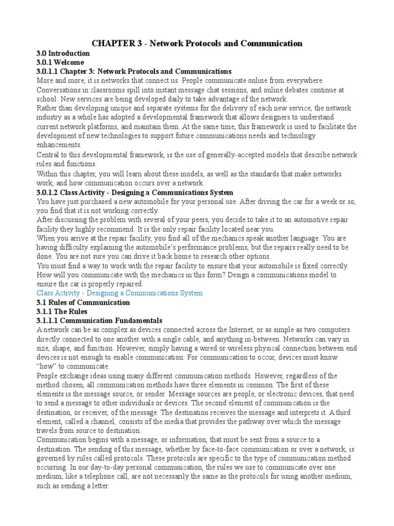 3.0.1 Welcome 3.0.1.1 Chapter 3: Network Protocols and Communications ...