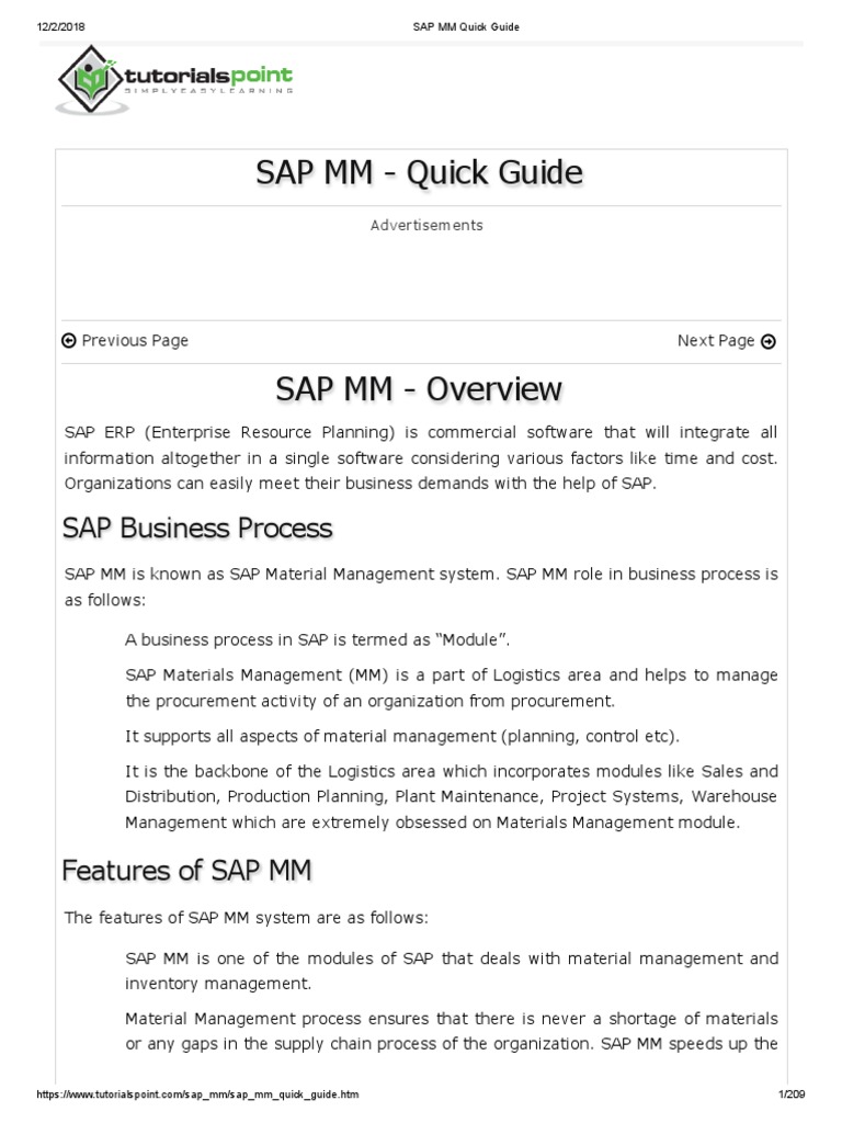 SAP MM Quick Guide T.P | PDF | Procurement | Supply Chain Management