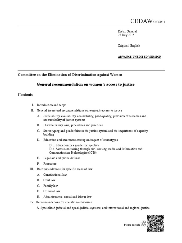 Recomendación CEDAW | PDF | Convention On The Elimination Of All Forms Of Discrimination Against ...