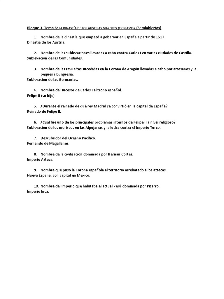 Preguntas Tema 6 Bloque 3 | PDF | España | Imperio español