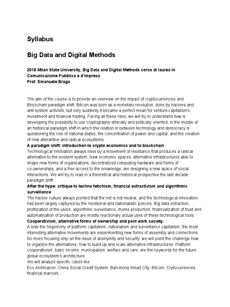 Syllabus Big Data and Digital Methods PDF | PDF | Big Data | Cryptocurrency