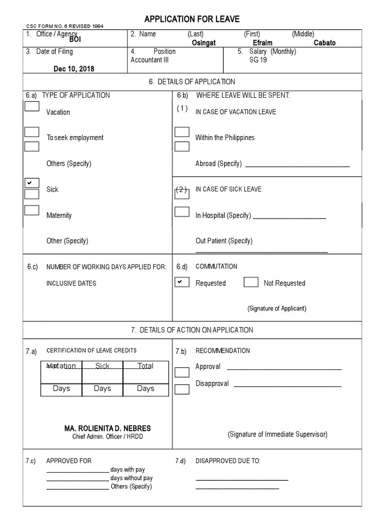 Application For Leave: CSC Form No. 6 Revised 1984 | PDF | Social ...