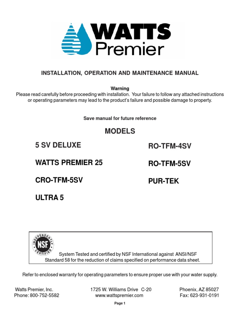 Watts RO System Manual PDF | PDF | Tap (Valve) | Pipe (Fluid Conveyance)