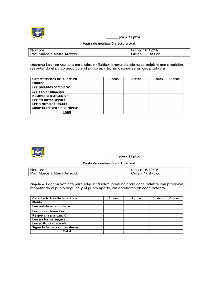 Pauta Evaluación Lectura Oral | PDF