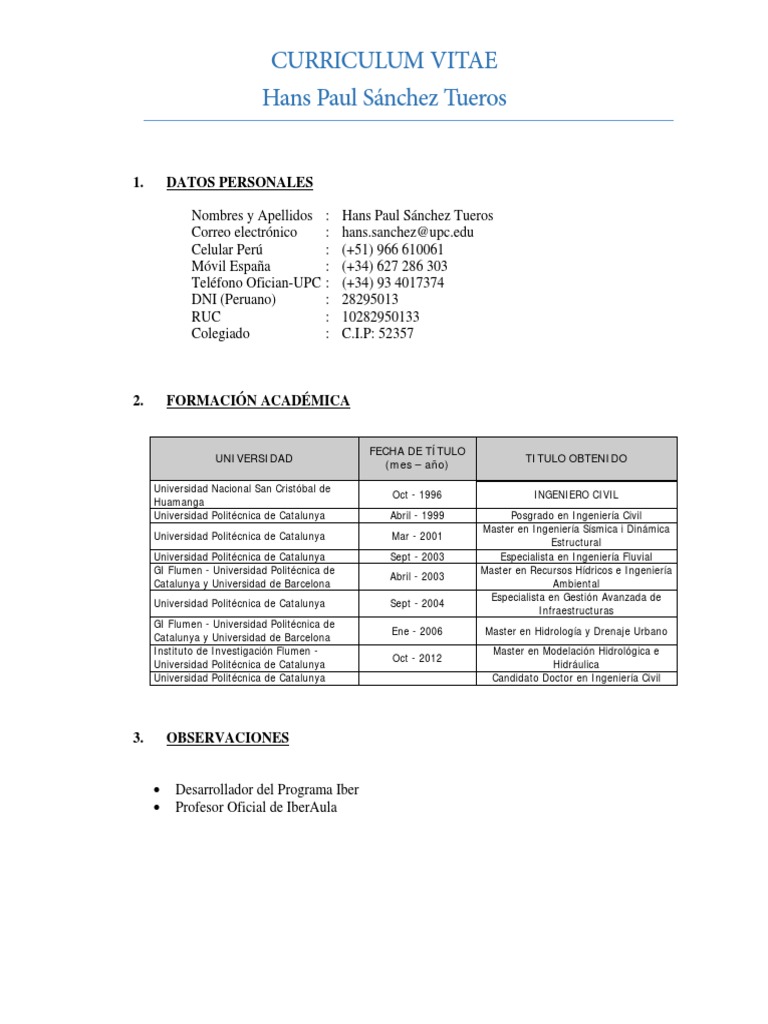 CV Hans Sanchez PDF | PDF | Universidad | Ingeniería