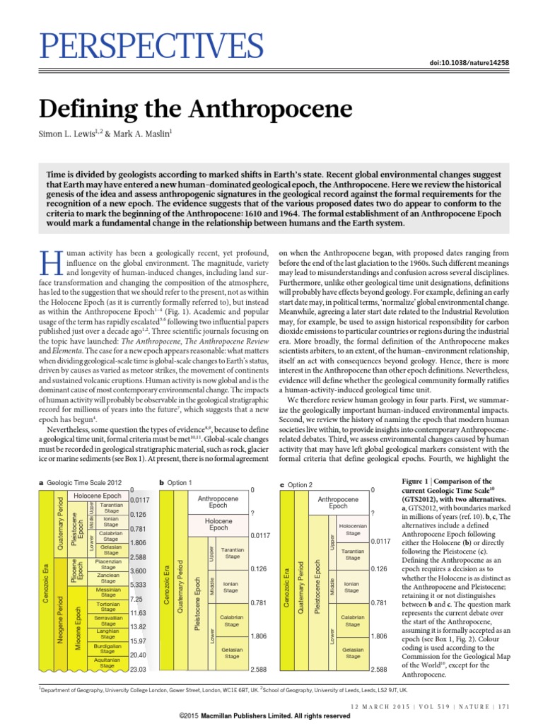 Defining The Anthropocene (Lewis 2015) Nature | PDF | Anthropocene ...