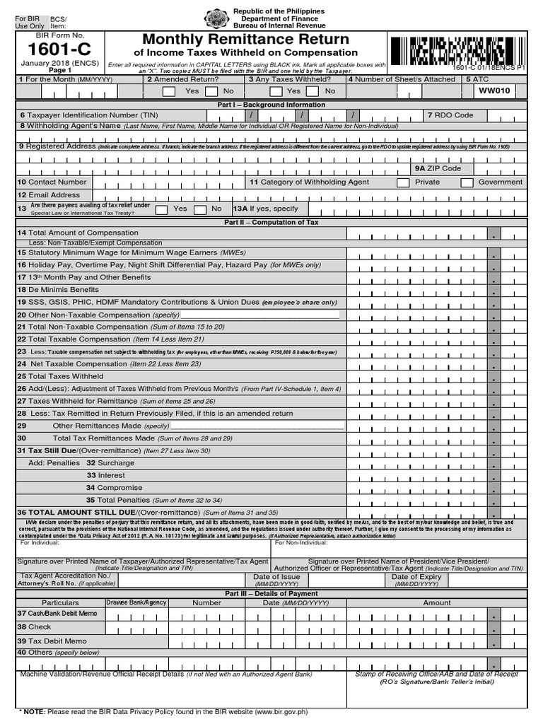 Bir Form 1601c Final Jan 2018 | PDF | Withholding Tax | Services ...