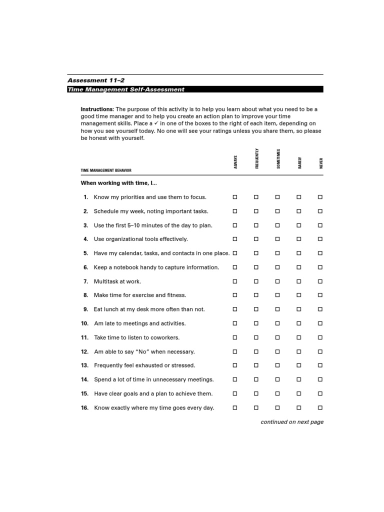 Time Management Self-Assessment | Time Management | Behavioural Sciences