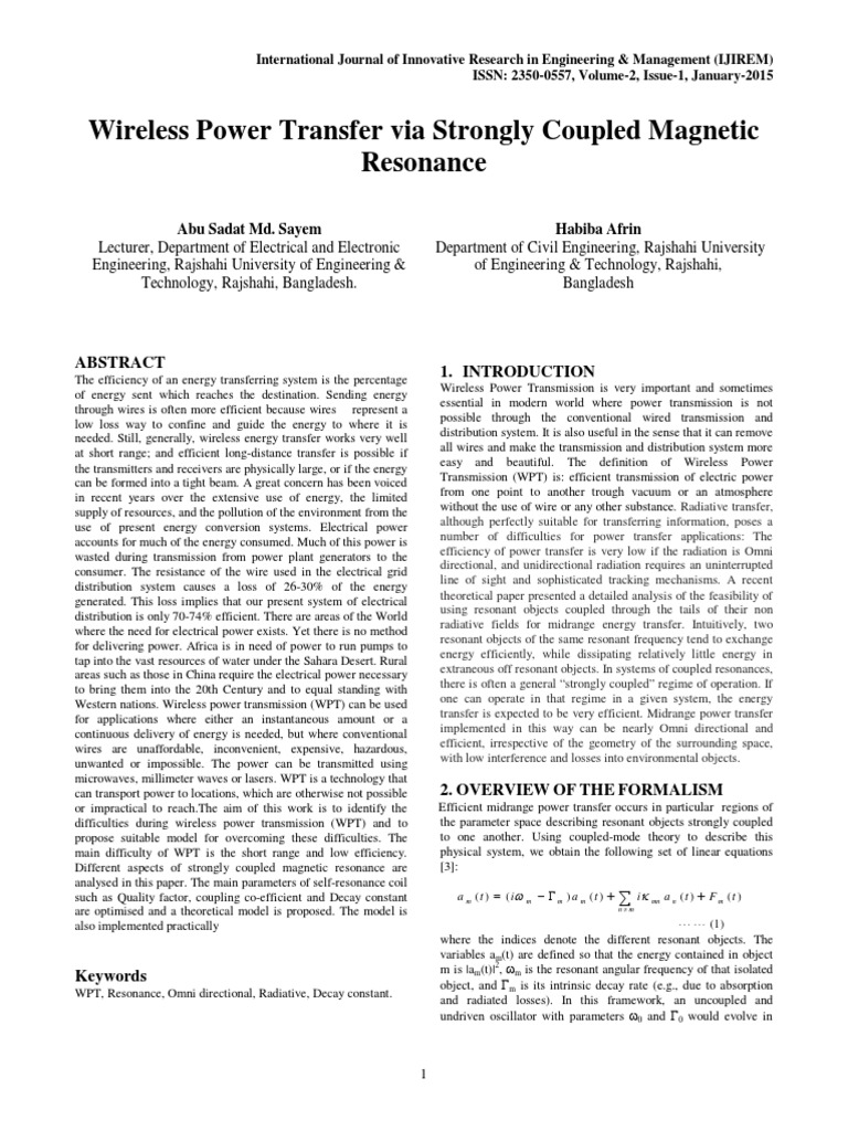 Wireless Power Transfer via Resonance | PDF | Inductor | Resonance