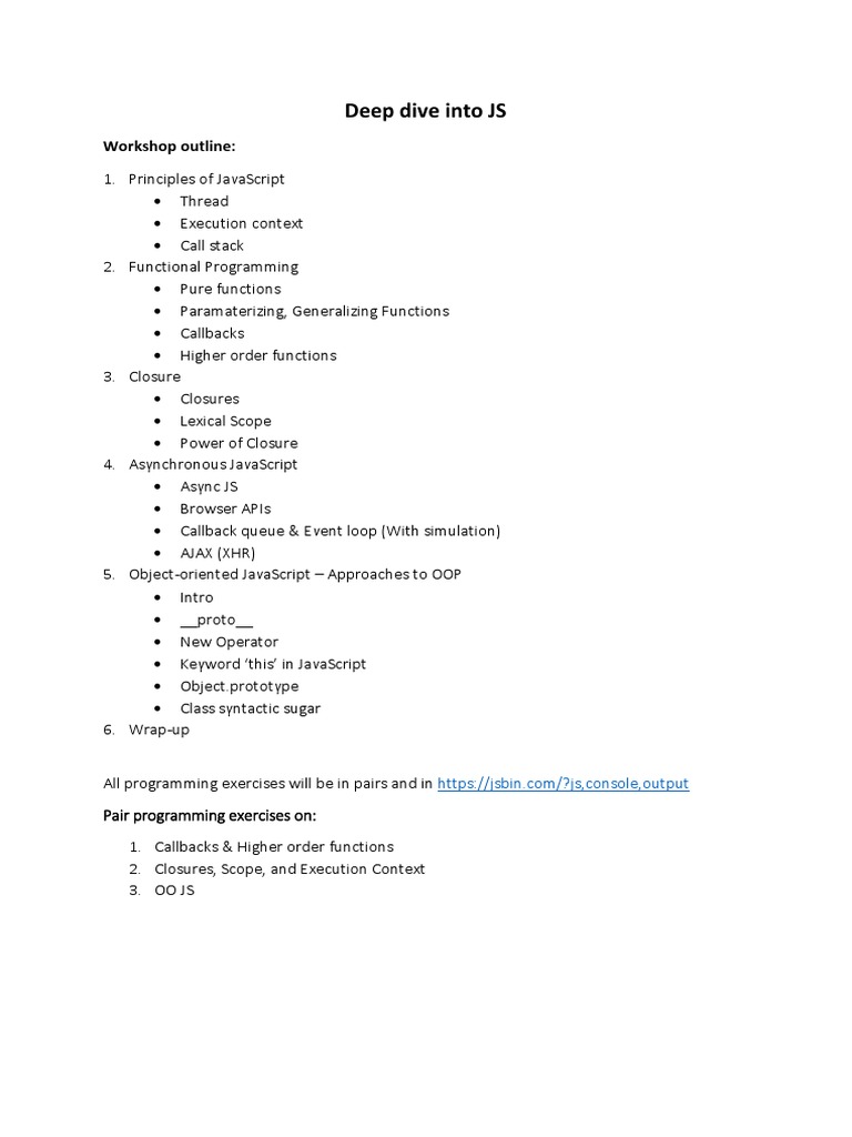 Deep Dive Into JS: Workshop Outline | PDF