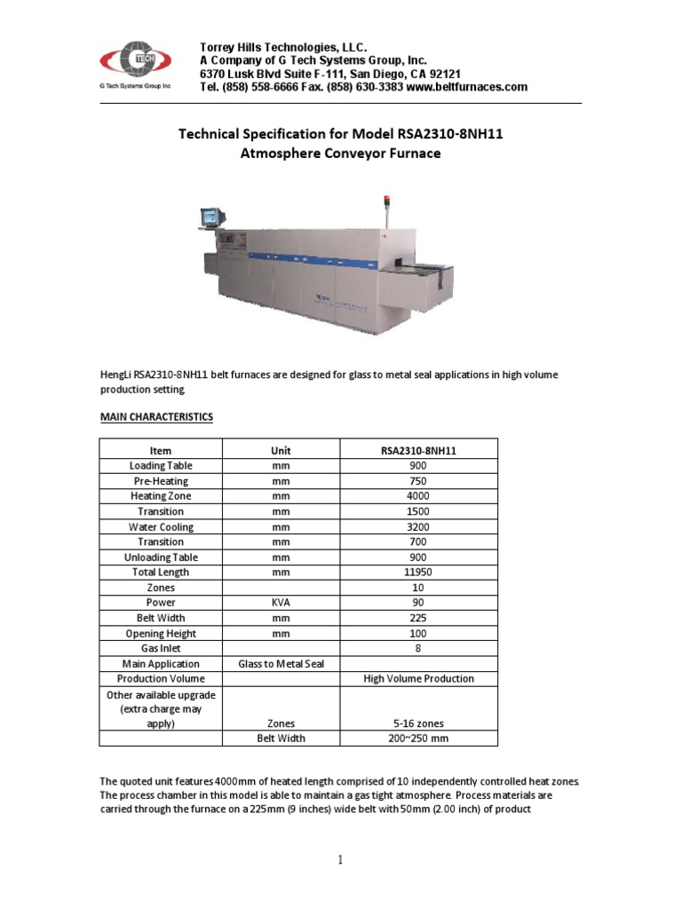 HengLi RSA2310-8NH11 belt furnace specs | PDF | Thermocouple | Furnace