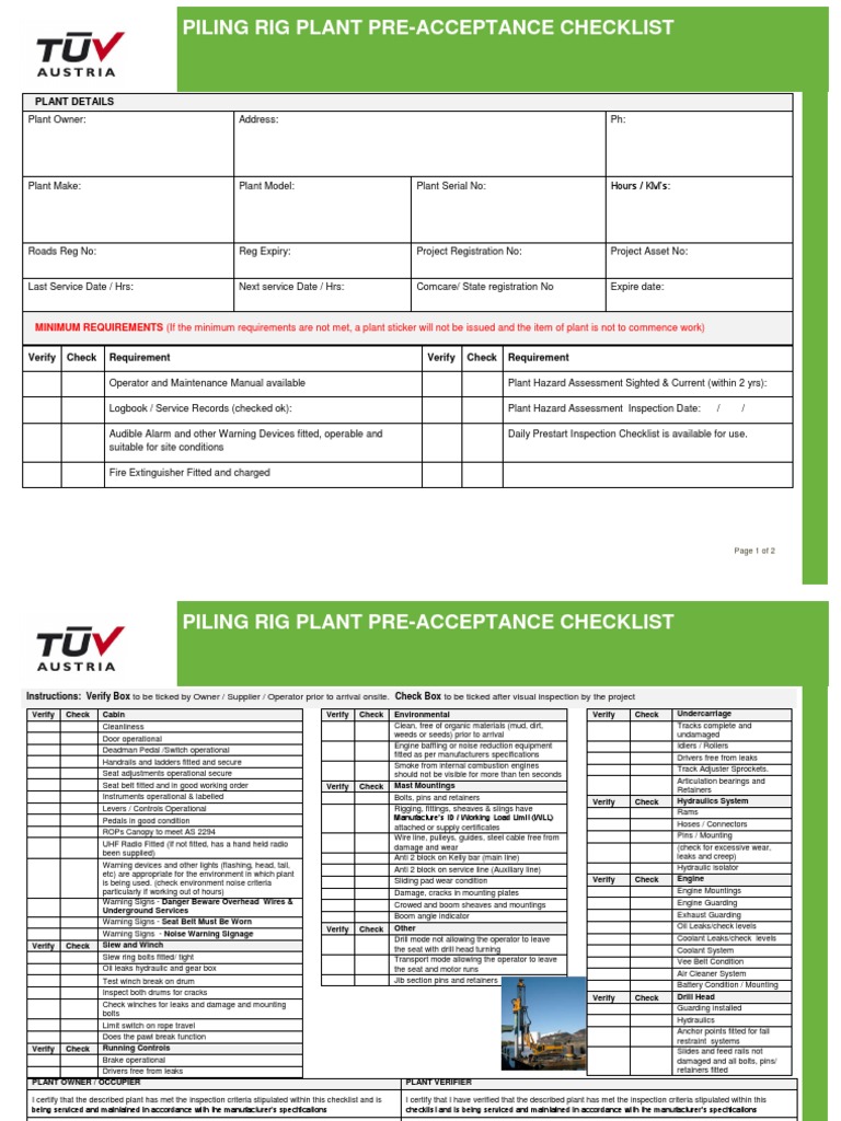 Jh Frm Pae 001 60 Piling Rig Plant Pre Acceptance Checklist (1) | Belt ...