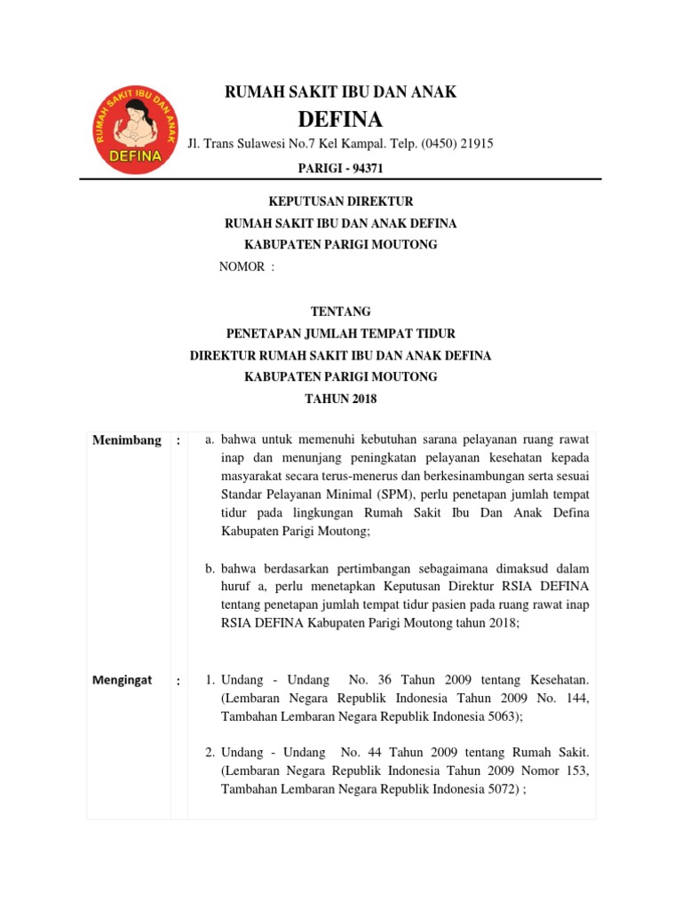 Penetapan Jumlah Tempat Tidur RSIA Defina | PDF