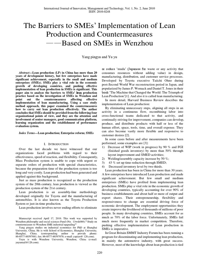 The Barriers To Smes' Implementation of Lean Production and Countermeasures - Based On Smes in ...
