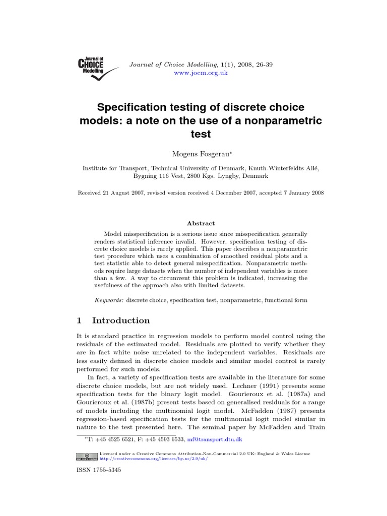 Specification Testing Of Discrete Choice Models A Note On The Use Of A Nonparametric Test Pdf