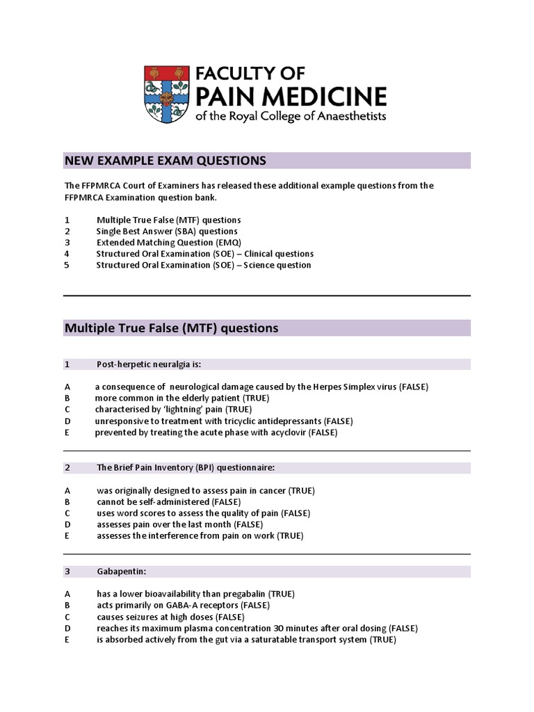 FPM FFPMRCA Example Questions 2016 | PDF | Antidepressant | Headache