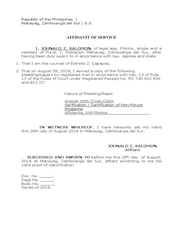 Affidavit of Service | Affidavit | Legal Documents