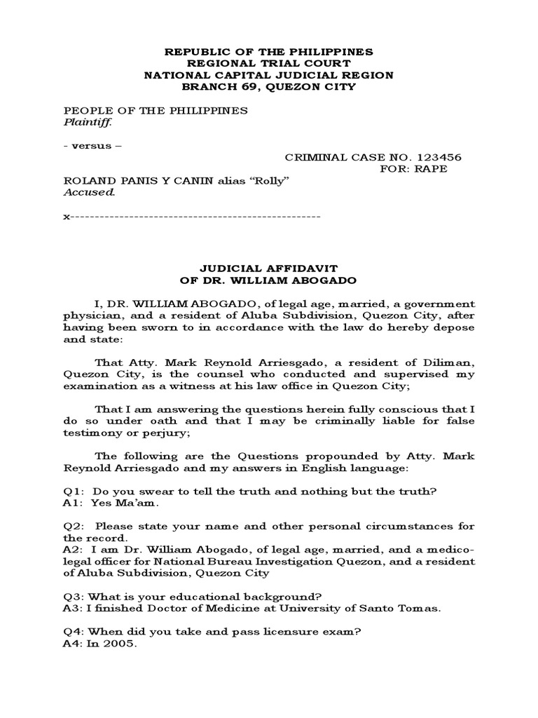 Judicial Affidavit Medico Legal Expert 1 | PDF | Affidavit | Rape