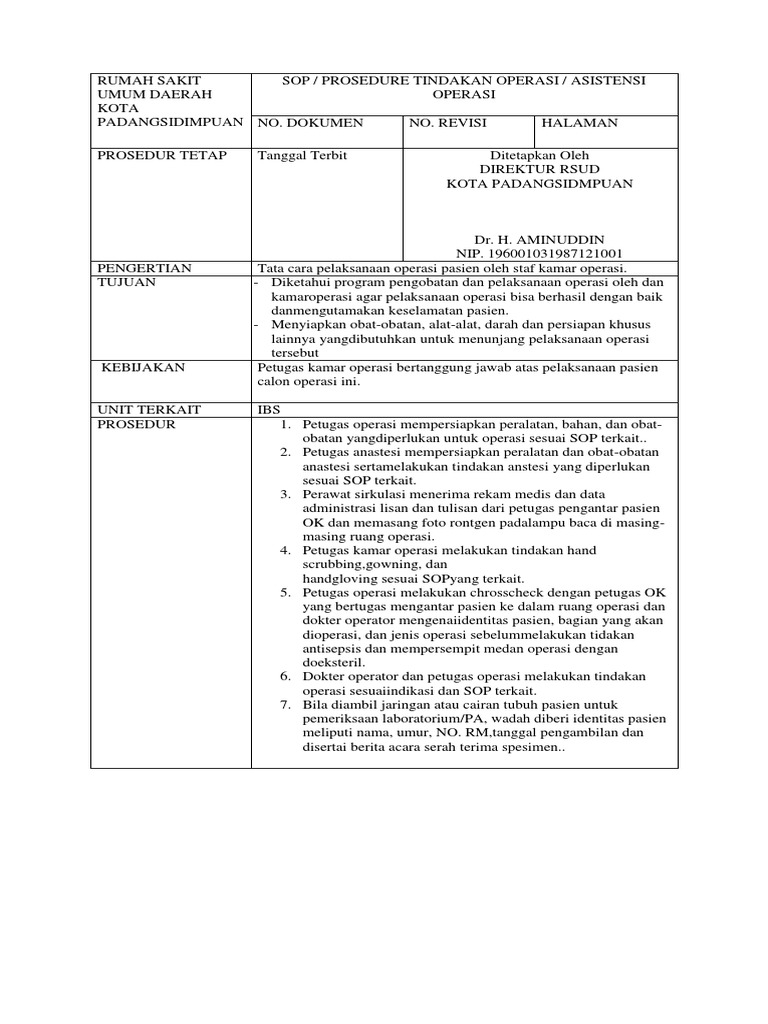 SOP Tindakan Operasi RSUD Padangsidimpuan | PDF | Kesehatan Holistik ...
