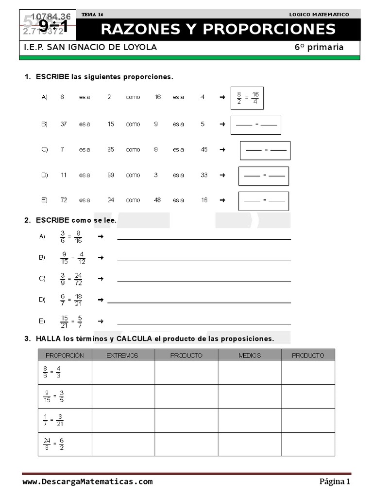 Hoja De Trabajo Para Resolver Proporciones En Formato Pdf Guía Para
