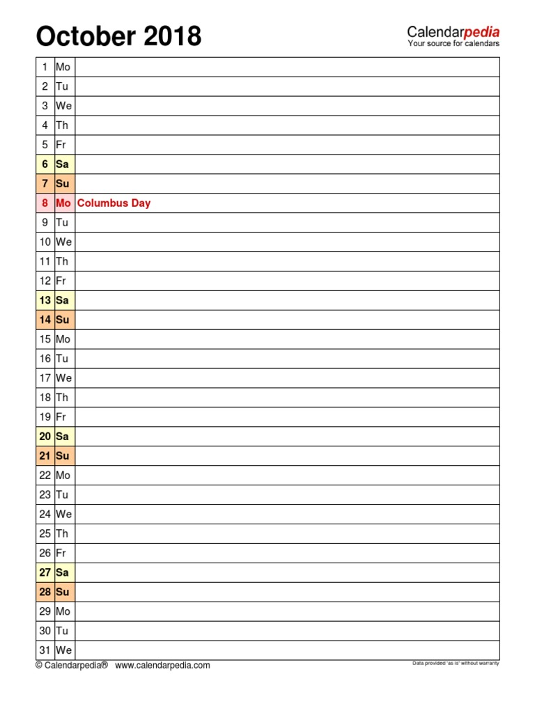 October 2018 Calendar Days Vertically | PDF | Travel