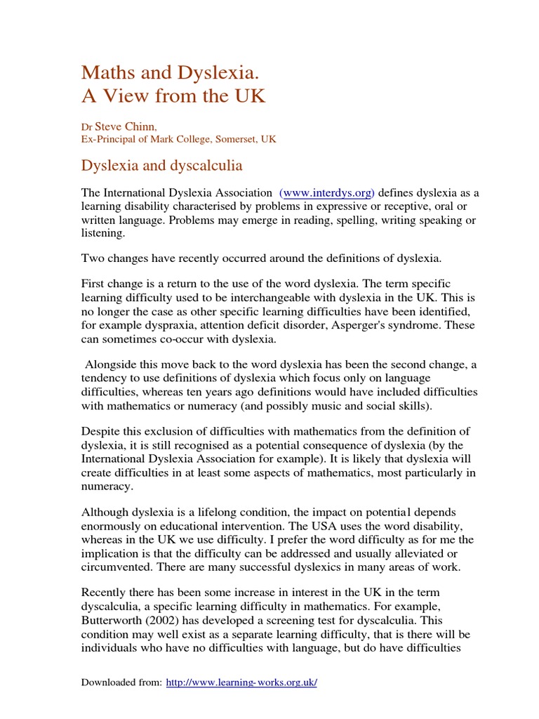 Maths and Dyslexia - A View From The UK | PDF | Dyslexia | Learning ...