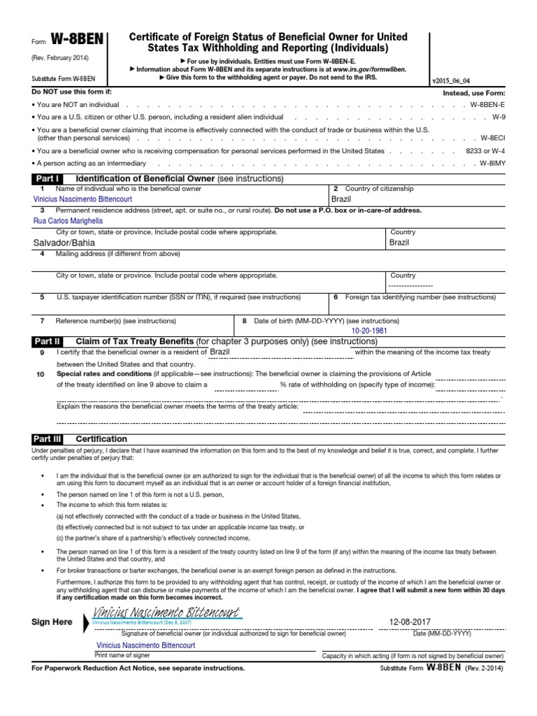 W-8BEN: Vinicius Nascimento Bittencourt | PDF | Irs Tax Forms ...