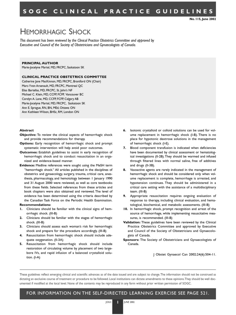Emorrhagic Hock: Sogc Clinical Practice Guidelines | PDF | Shock ...
