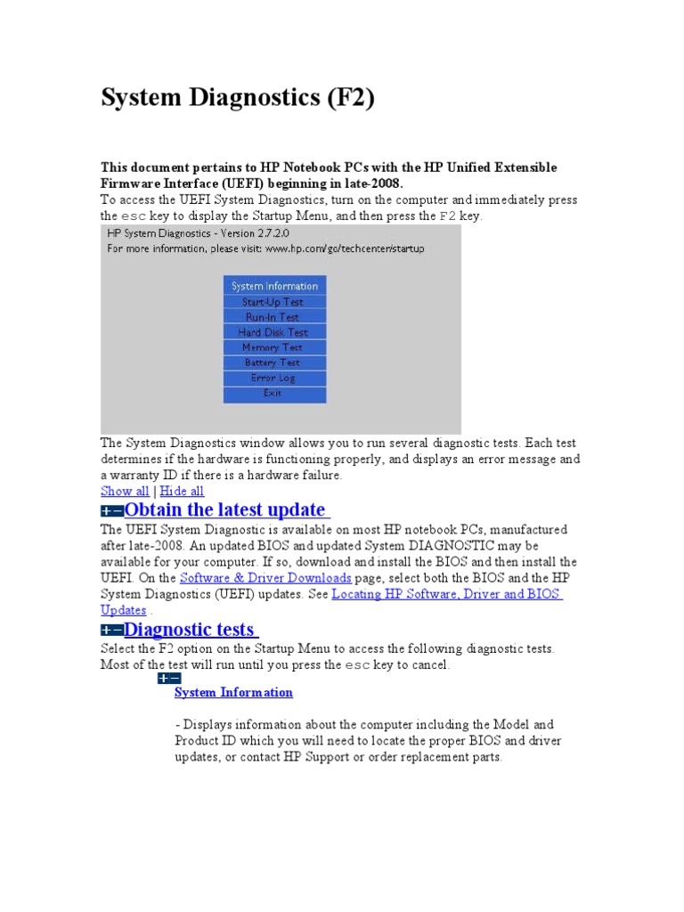 System Diagnostics (F2) | PDF | Bios | Booting