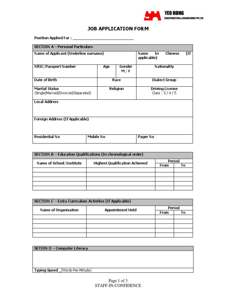 Job Application Form: Page 1 of 3 Staff-In-Confidence | PDF ...