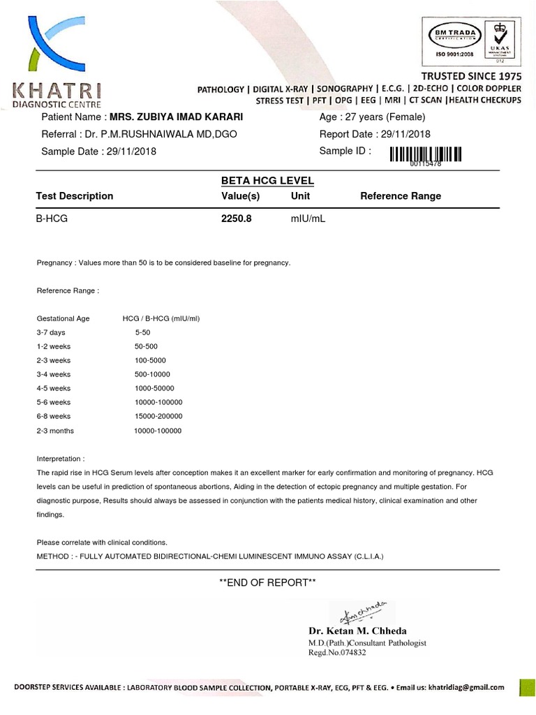 Beta HCG Report for Pregnancy Confirmation | PDF