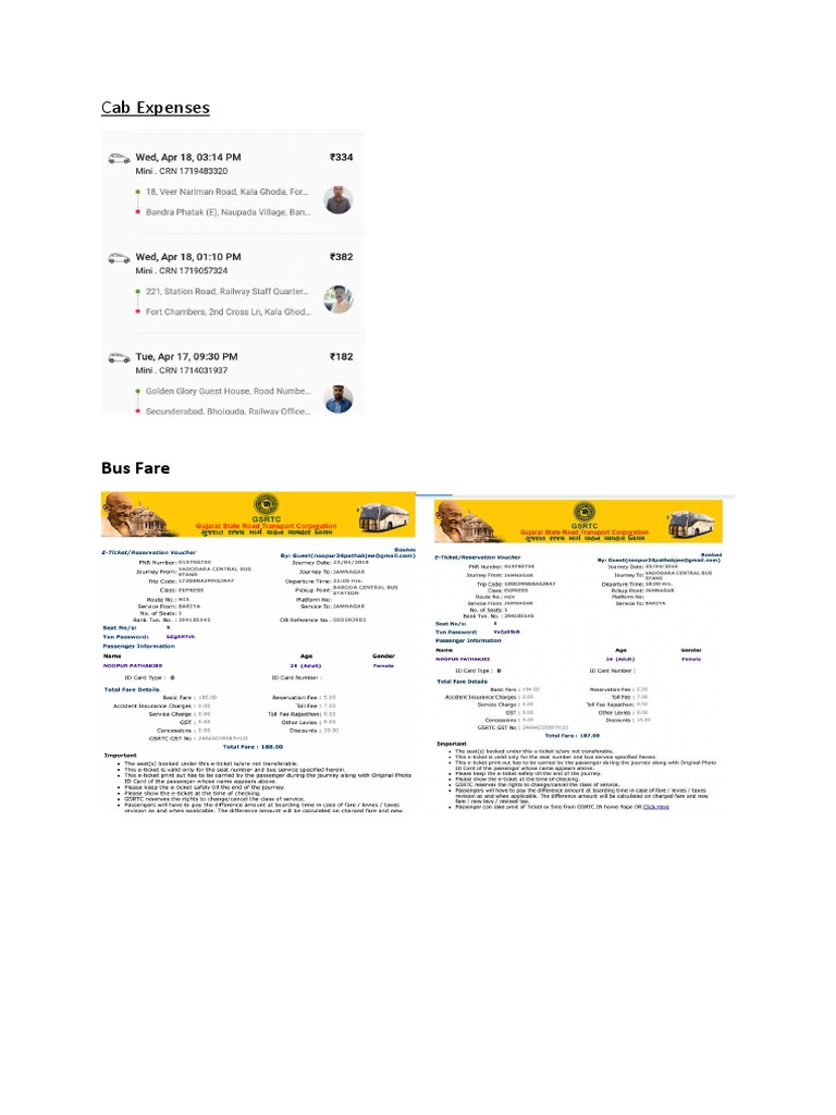 Cab Expenses: Bus Fare | PDF