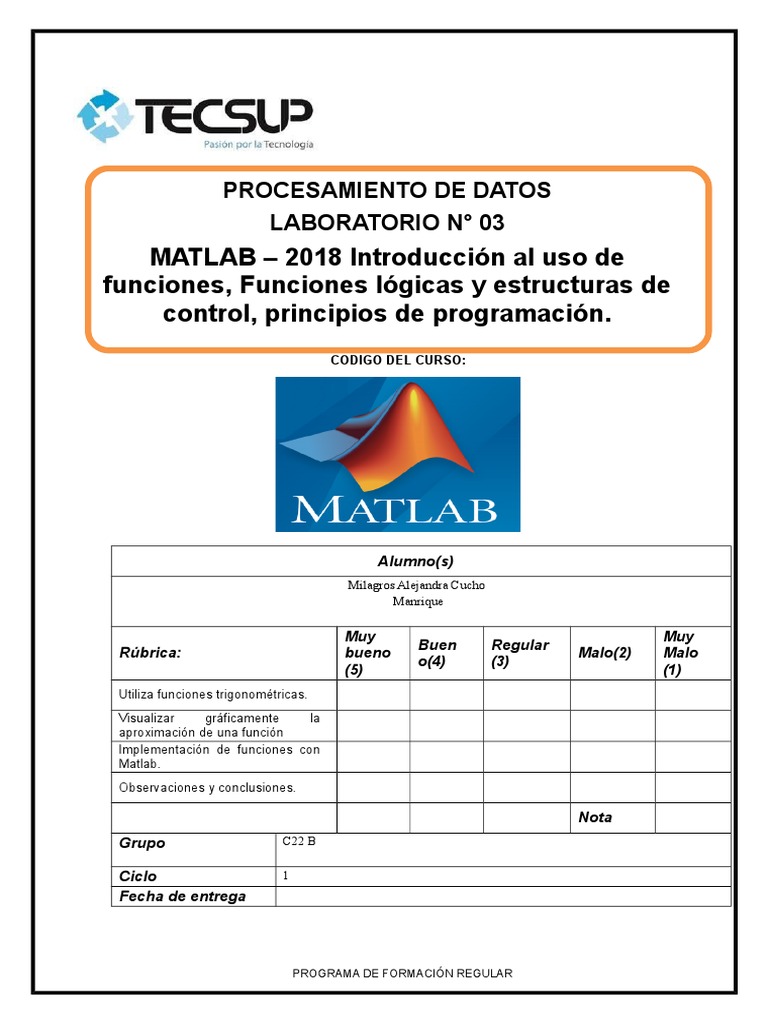 Laboratorio 03 MATLAB | PDF | Lenguaje de programación | Matlab