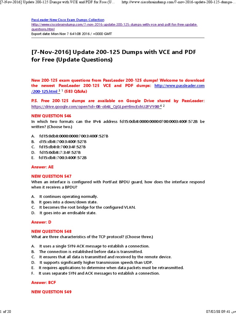 CCNA Dump 200-125 07112016 (Some Questions Updated) PDF | PDF | Router ...