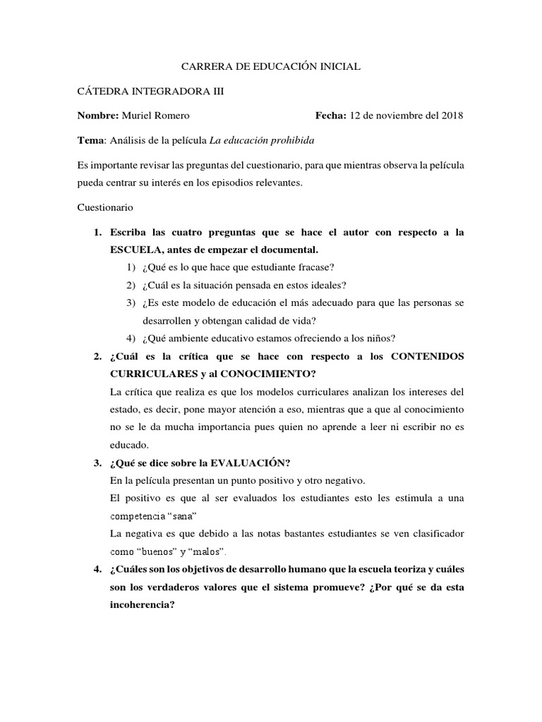 Cuestionario Película | PDF | Maestros | Conocimiento